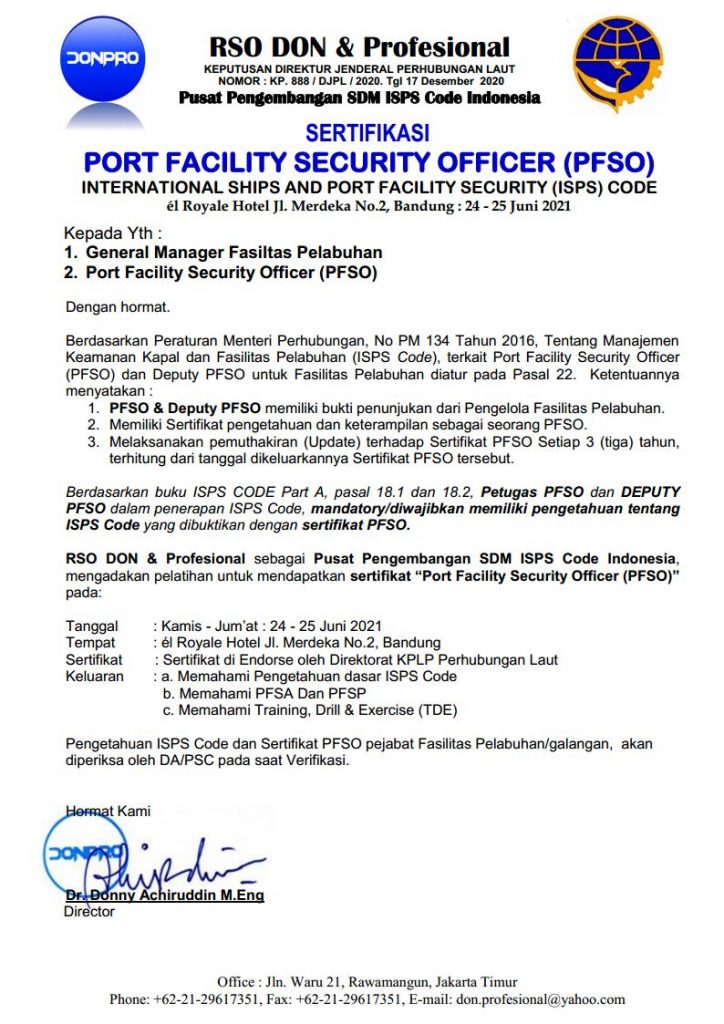 Training Sertifikasi PFSO – ISPS Code (24 – 25 Juni ’21) – DON and ...